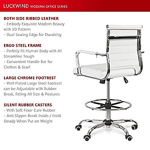 LUCKWIND Drafting Chair Tall Office Chair Ribbed - Mid-Back PU Leather Standing Desk Stool with Adjustable Foot Ring Padded Armrests Tilt-Tension Rocker Lumbar Support Swivel Rolling 400lbs, White