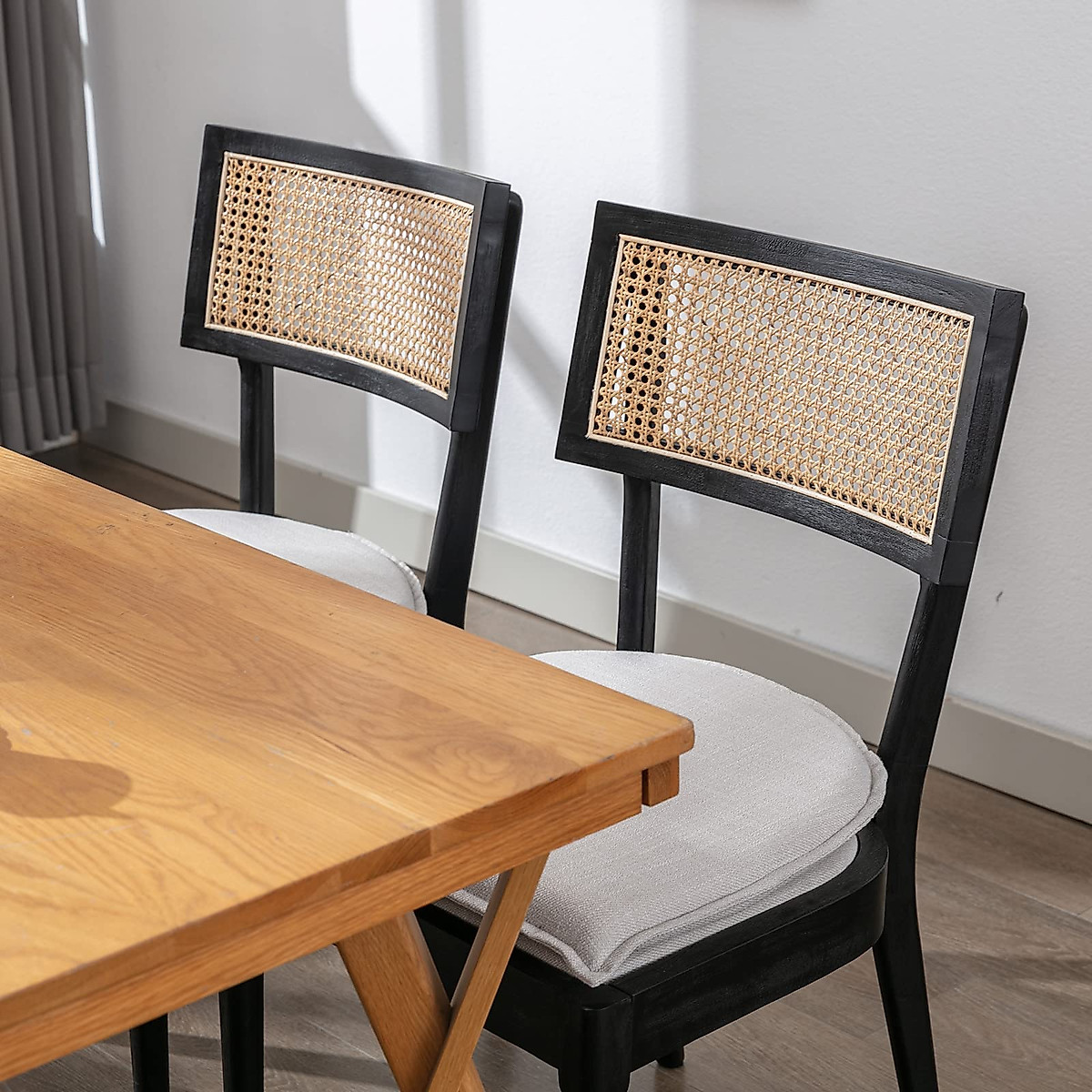 ZHENGHAO Rattan Dining Chairs Set of 2, French Country Cane Back Kitchen Chairs Upholstered Retro Comfy Chairs with Wood Legs for Dining Room, Black