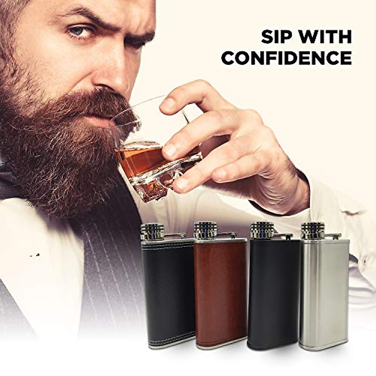 8oz Grip Cap Pocket Hip Flask + Funnel (Bourbon Brown)