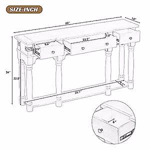 Solid Wood 60" Long Console Table with 3 Storage Drawers and Bottom Shelf, Mediterranean Retro-Style Accent Entryway Sofa Tables for Hallway Living Room, Semi-Open Storage Space (Creamy White-NM)