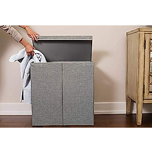 BIRDROCK HOME Premium 2 Section Linen Collapsible Laundry Hamper with 4 Load Capacity | Removable Mesh Bags, Magnetic Lid and Sturdy MDF Board | Stylish Dual Compartment Clothes Hamper | Grey