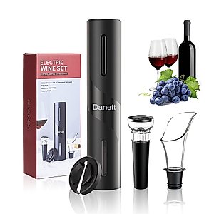 Danett Electric Wine Opener Set - Automatic Corkscrew Opener with Foil Cutter, Pourer, and Vacuum Stoppers - Battery Operated - 4-in-1 Wine Accessories Kit-for Wine Lovers
