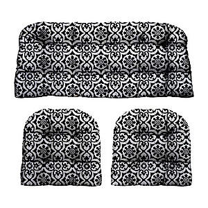 RSH Décor Indoor Outdoor Decorative 3 Piece Tufted Love Seat/Settee & 2 U-Shaped Chair Cushion Set for Wicker (Standard ~ 2-19”x19” & 41”x19”, Athens Matte Black Fretwork)