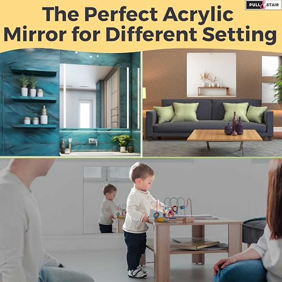 Pull and Stair Unbreakable Kids Wall Mirror - Heavy Duty Plexiglass Acrylic, Rounded Corners, Hardware Included - 2 pcs Set