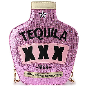 Ondeam Tequila Bottle Shaped Laser Shoulder Handbags,Pu Crossbody Purse for women(Pink B)