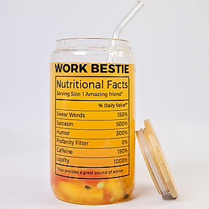 Work Bestie Nutritional Facts Glass Can with Lids And Straw- Work Bestie Definition Friendship, Funny Gift for Friend, Colleagues, Thank You Gift For Coworkers, Birthday Christmas Gifts, Iced Cup 16oz