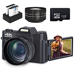 Digital Cameras for Photoggraphy, 4K Vlogging Camera for YouTube with Built-in Fill Light, 16X Digital Zoom, Manual Focus, 52mm Wide Angle Lens & Macro Lens, 32GB TF Card and 2 Batteries
