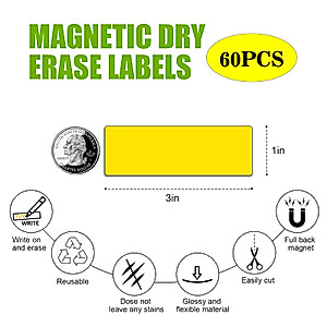 STTMGN Dry Erase Magnetic Labels (1x3",Pack of 60),Write On Magnets Sticker,Real Waterproof/Reusable for Classroom&Office&Cabinet&whiteboard&Fridge&More (White)