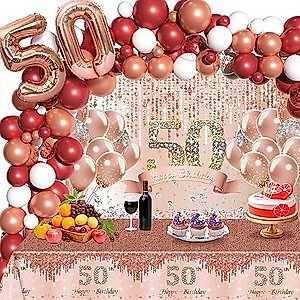 50th Birthday Decorations Women - Rose Gold Happy 50th Birthday Decor Include Balloon Garland Arch Kit,50th Birthday Backdrop,Tablecloth,Number 50 Foil Confetti balloon 50 Years Old Party Supplies