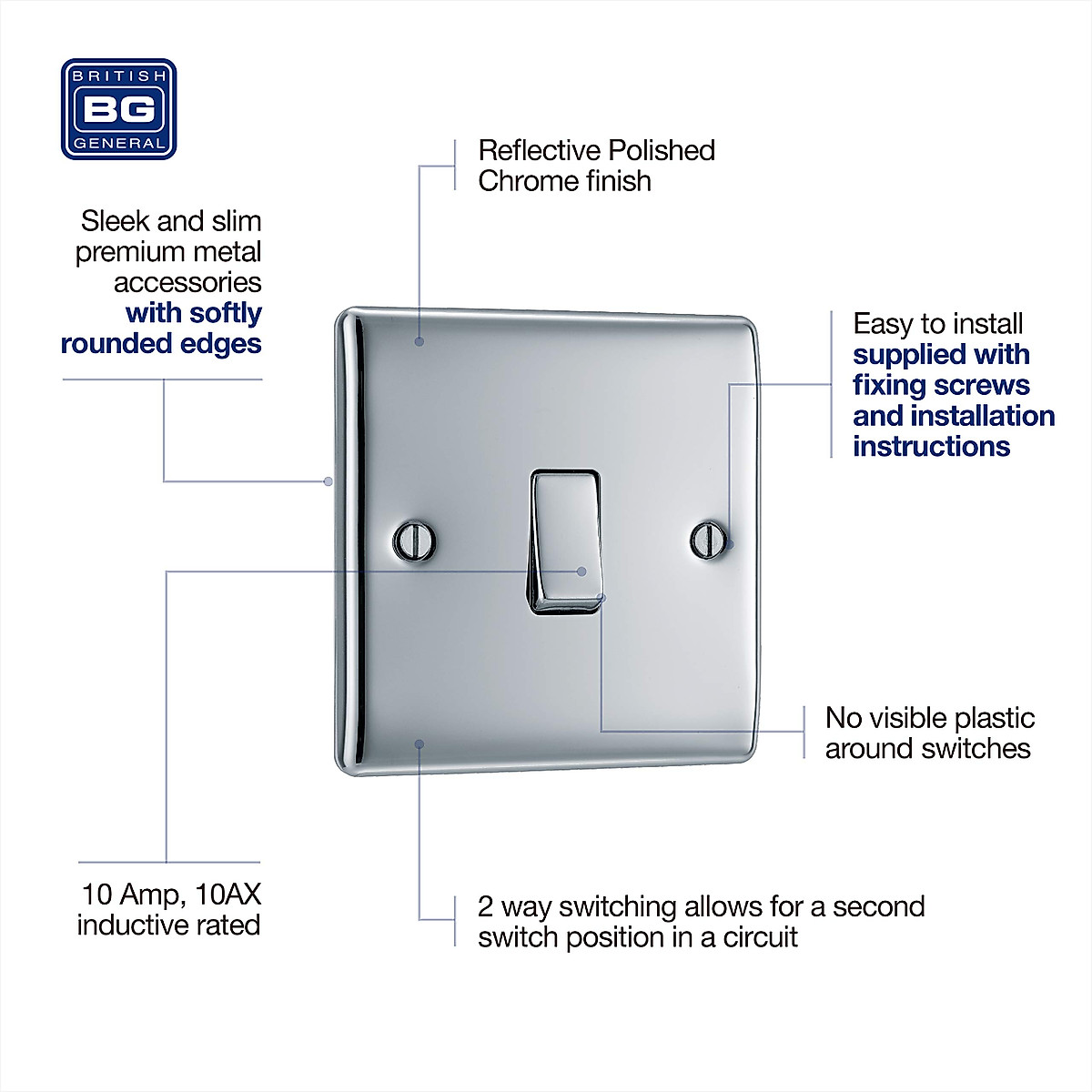 masterplug BG Electrical NPC12 Nexus Metal Polished Chrome 1 Gang 2 Way 10 A Plate Switch