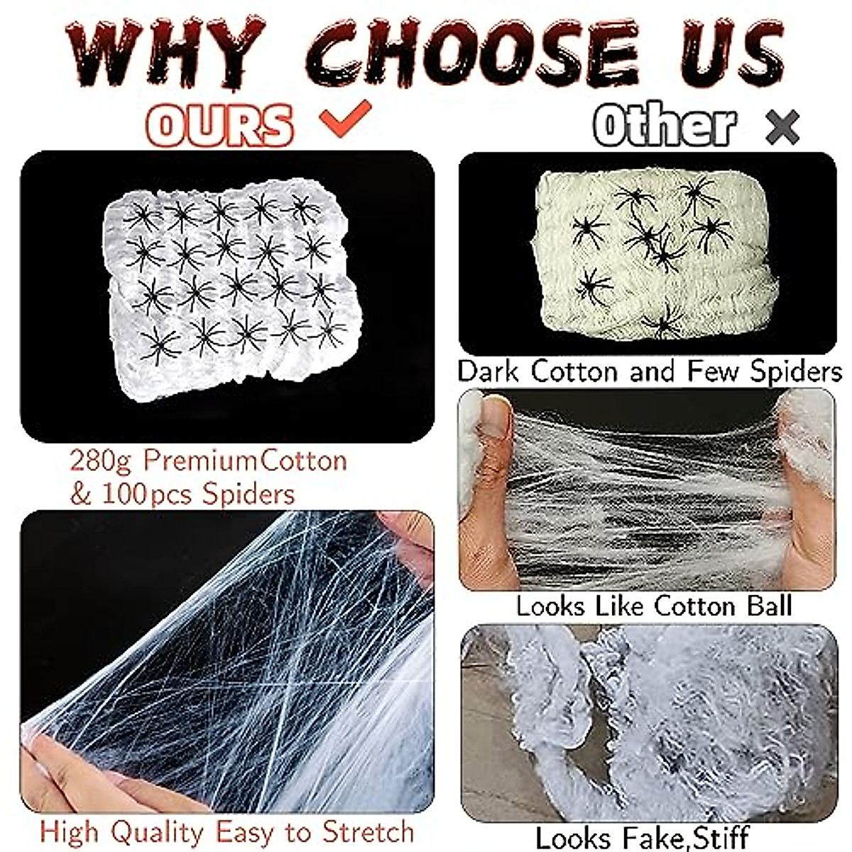 Xgunion Halloween Decorations 1200 Sqft Spider Webs Decorations Halloween Spider Web with 100 Extra Fake Spiders Super Stretchy Spider Webs for Halloween Decor Indoor and Outdoor Party Supplies