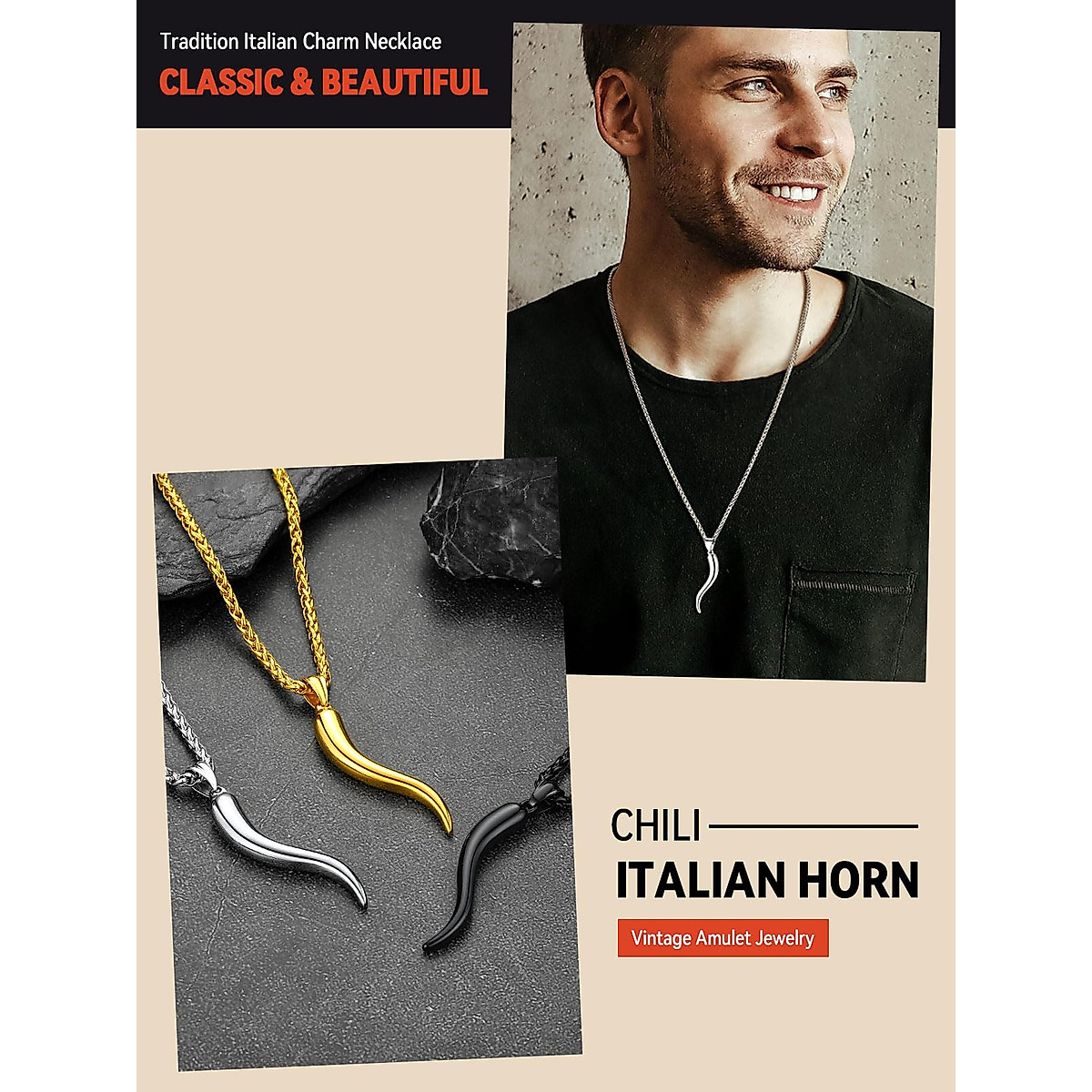FaithHeart Italian Horn Pendant Necklace for Women Men Sturdy Stainless Steel Cornicello Necklace Protection Necklace Chains with Pendant Italian Charm Talisman with Gift Box