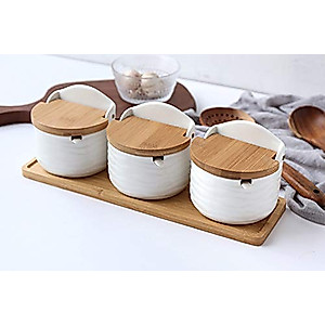 Lawei 3 pack Ceramic Sugar Bowls Set - 9 oz Porcelain Condiment Jar Spice Container with Spoons and Lids for Home and Kitchen