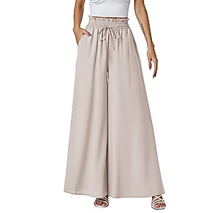 LYANER Women's Drawstring Elastic High Waisted Wide Leg Palazzo Pants Loose Casual Trousers Beige X-Large