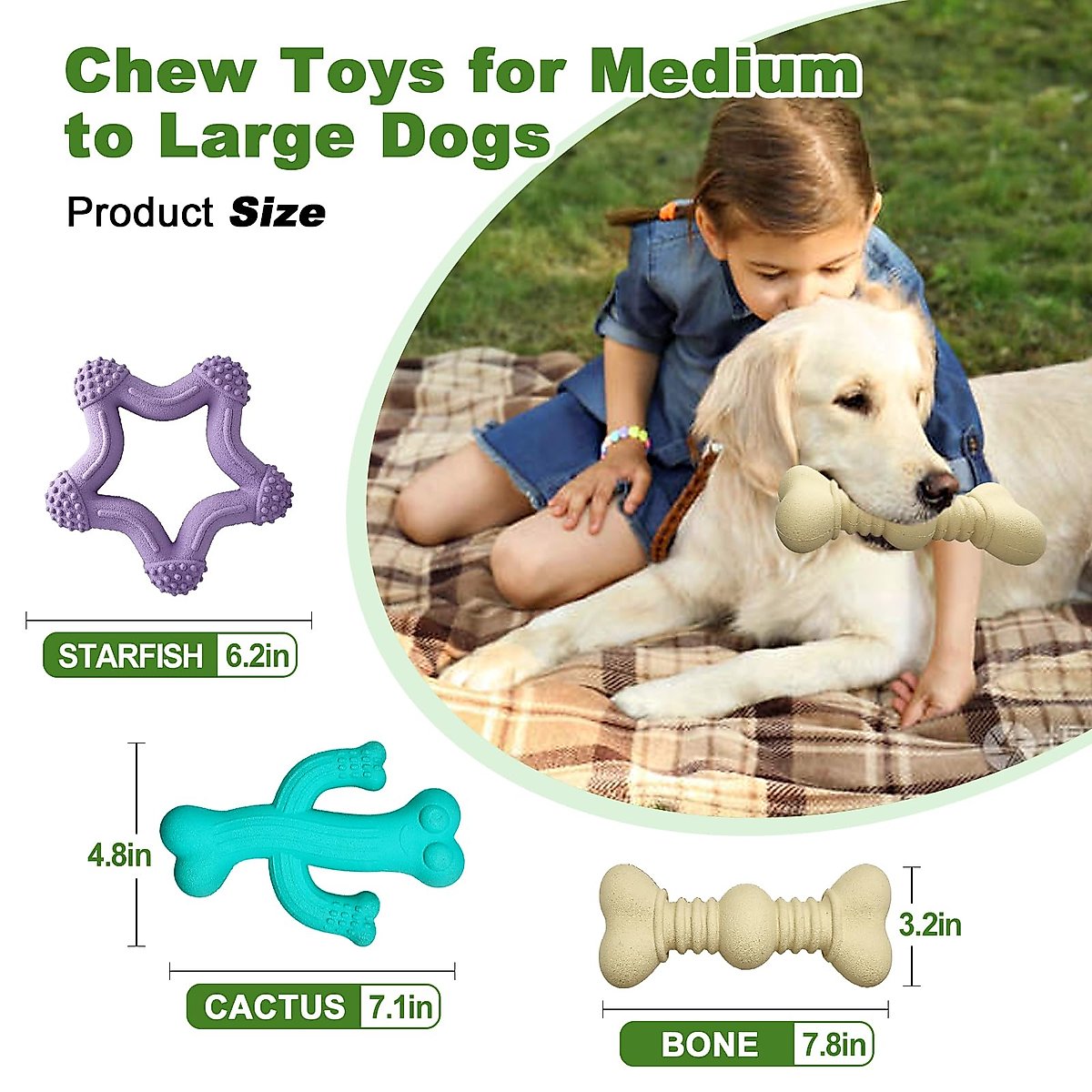 3 Pack Dog Chew Toys for Aggressive Chewers,Indestructible Dog Toys with Natural Rubber,Bamboo Fiber for Powerful Chewers for Medium,Large Breeds to Keep Pup Entertained(Large)