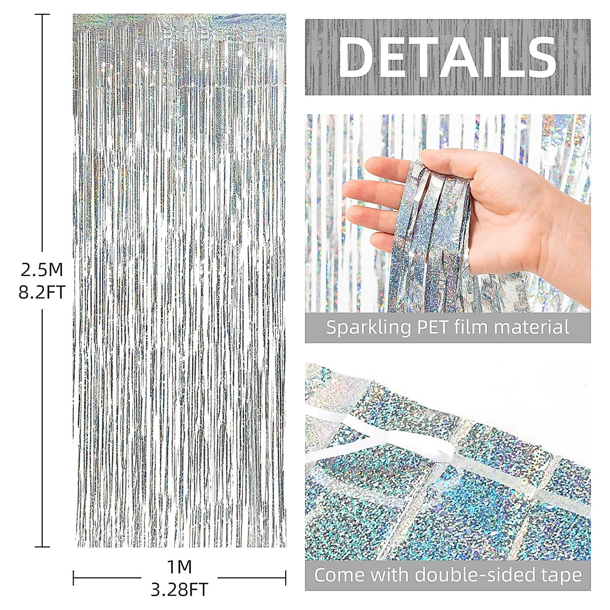 6 Pack Foil Fringe Backdrop Curtains, 3.28 x 8.2 ft Laser Silver Tinsel Streamers Metallic Tinsel Foil Fringe Curtains Photo Booth Backdrop for Birthday Bridal Shower Christmas Party Decorations