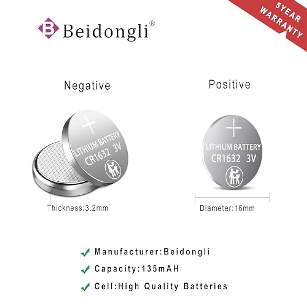 Beidongli CR1632 3 Volt Lithium Coin Cell Battery (10 Batteries)【5-Years Warranty】