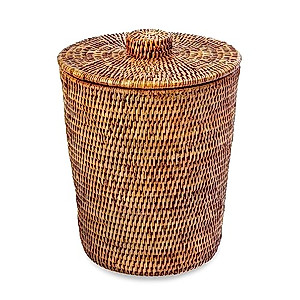 KOUBOO La Jolla Rattan Round Waste Basket With Lid & Plastic Insert, 2 Gallon Woven Wastebasket for Bathroom, Kitchen, Office, Living Room, & Home Decor, Honey Brown