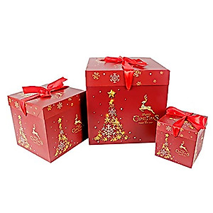 Christmas Nesting Gift Boxes w. Lids (3 Pcs) Easy to Assemble & Reusable.Square Gift Boxes for Presents, 3 Assorted Sizes, 3.9/5.9/8.26inch for Holiday Decorative Wrapping(Red Christmas Tree)