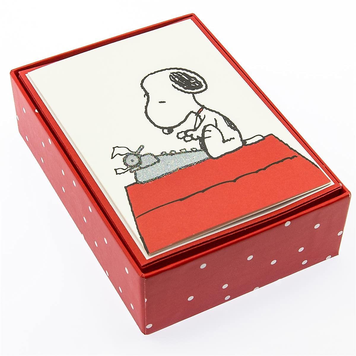 Graphique Peanuts Typewriter Boxed Notecards, 16 Snoopy at Typewriter Cards Embellished with Glitter, with Matching Envelopes and Storage Box, 3.25" x 4.75"