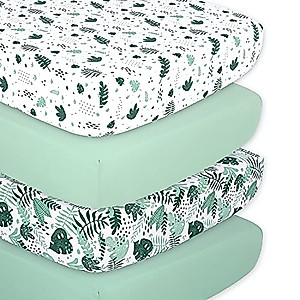 The Peanutshell Botanical Fitted Crib Sheet Set for Baby Boys or Girls, Unisex 4 Pack, Botanical Leaf & Pastel Green