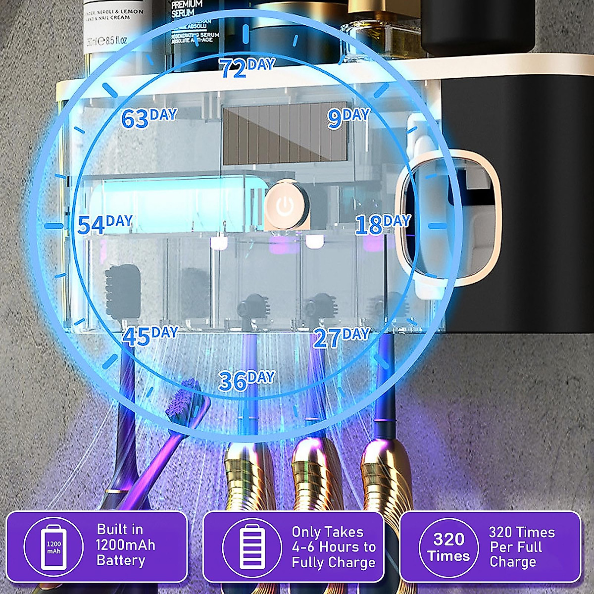 Toothbrush Holders Wall Mounted for Bathrooms, Toothbrush Holder with Automatic Toothpaste Dispenser, Electric Toothbrush Holder with Solar Charging, Toothbrush Organizer with 5 Brush Slots (Black)