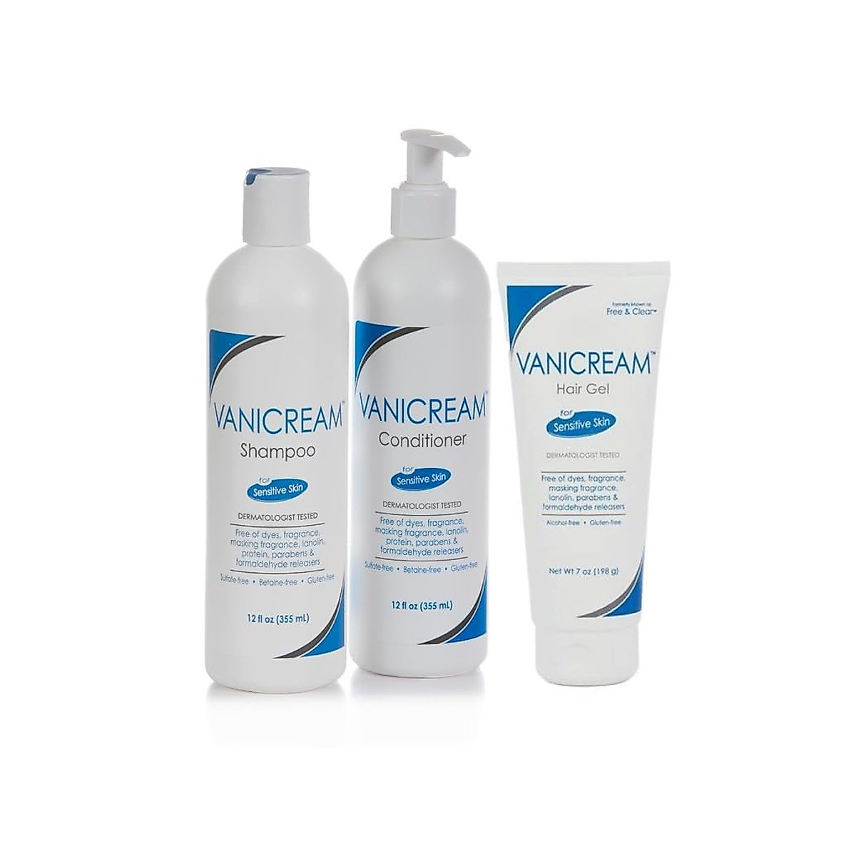 Vanicream Hair Shampoo (12 Oz), Conditioner (12 Oz) & Hair Styling Gel (7 Oz)