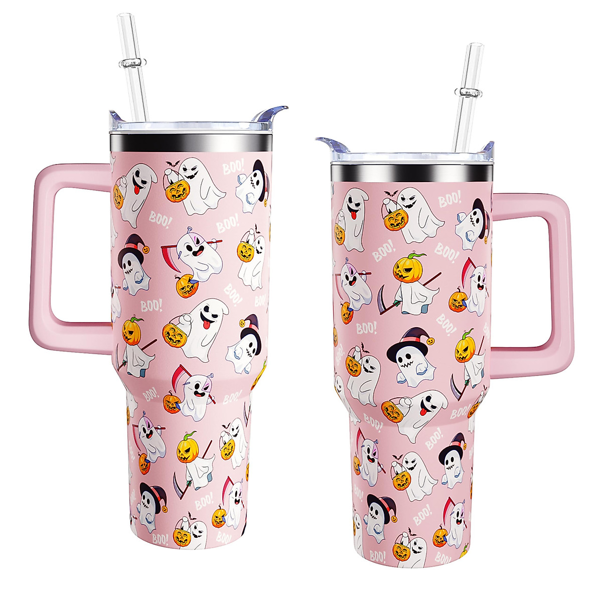 mvhsuoem 40 oz Pink Halloween Tumbler with Handle Lid and Straw 40oz Ghost Tumbler Double Stainless Steel Insulated Halloween Ghost Cups Halloween Gifts for Women