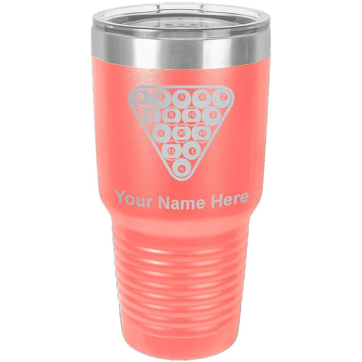 LaserGram 30oz Vacuum Insulated Tumbler Mug, Billiard Balls, Personalized Engraving Included (Coral)