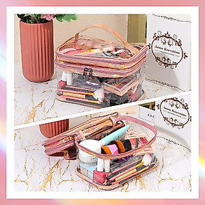 Clear Makeup Bag Toiletry Organizer Waterproof Large Makeup Bag Transparent Makeup Case Double Layer Cosmetic Bag Multi Function Travel Makeup Bag for Toiletries Makeup Travel Portable, Pink