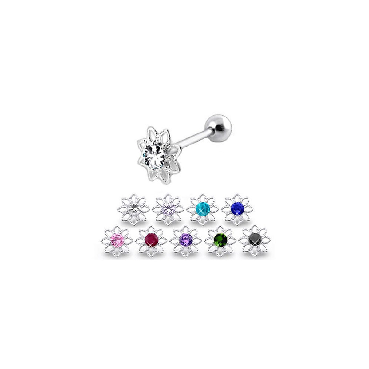 316L Surgical Steel Ear Cartilage Helix Tragus Ring 7mm Fuchsia Hot Pink Flower 17G