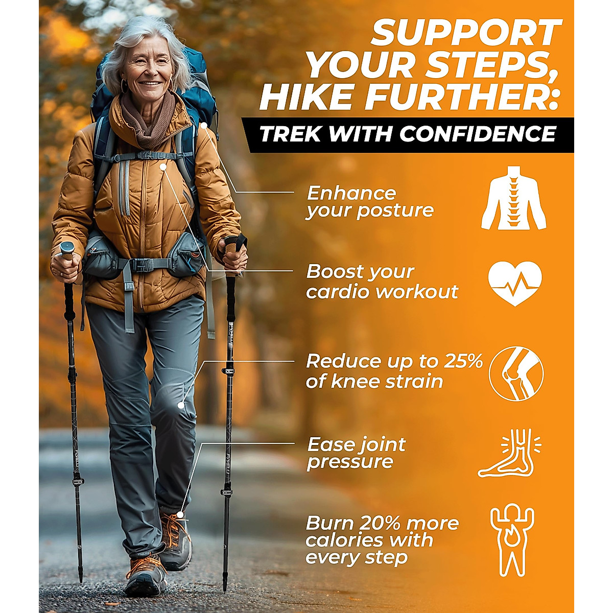 Foxelli Hiking Poles – Lightweight & Collapsible with Comfortable Cork Grips, Easily Adjustable for All Heights, Includes Carry Bag and Accessories