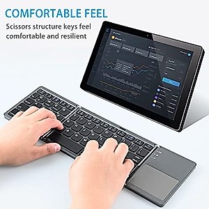 JPHTEK Foldable Bluetooth Keyboard with Touchpad, Portable Wireless Keyboards, Rechargeable Full Size Ultra Slim Pocket Folding Keyboards for Android Windows iOS Tablet & Laptop Gray