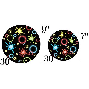 Serves 30 Complete Party Pack Neon Glow Party Supplies 9" Dinner Paper Plates 7" Dessert Paper Plates 9 oz Cups 3 Ply Napkins 1 Table Cover Size: 54" x 108" Neon Glow Party Theme