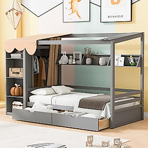 Merax Twin Size House Bed Frame with 2 Drawers, Built-in Wardrobe, Storage Shelves, Guardrail and Curtain, Wooden Bed for Kids