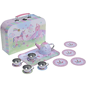 Jewelkeeper Toddler Toys Tea Set for Little Girls - 15 Pcs Tin Tea set for kids Tea Time includes Teapot, 4 Tea Cup and saucers set & 4 snack plates , Unicorn Tea Party Set with Carrying Case