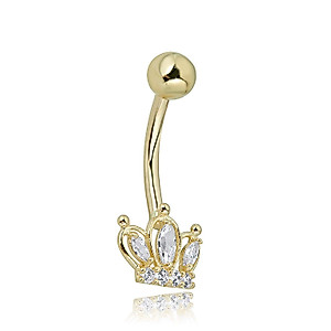 AVORA 10K Yellow Gold Simulated Diamond CZ Tiara Crown Belly Button Ring Body Jewelry (14 Gauge)