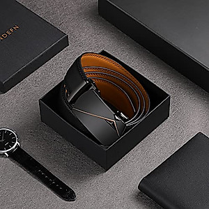 SENDEFN Leather Belt for Men Automatic Ratchet Buckle Slide Dress Casual Belts 1 3/8'' Wide Adjustable Trim to Fit(Black-47)