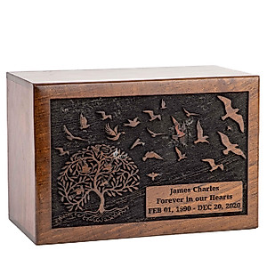 INTAJ Cremation Urn for Human Ashes Adult Male Female - Tree of Life Wooden Box Urn for Ashes - Handmade Decorative Funeral Urn (Customised Tree Birds, L (9x6x5) 185 Cu/in)