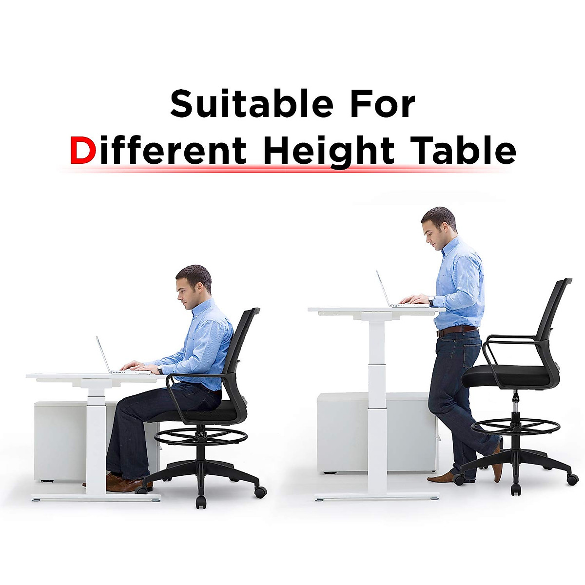 Drafting Chair Tall Office Chair Mesh Ergonomic Mid-Back Desk Chair with Adjustable Foot Ring for Executive Computer Standing Desk, Black