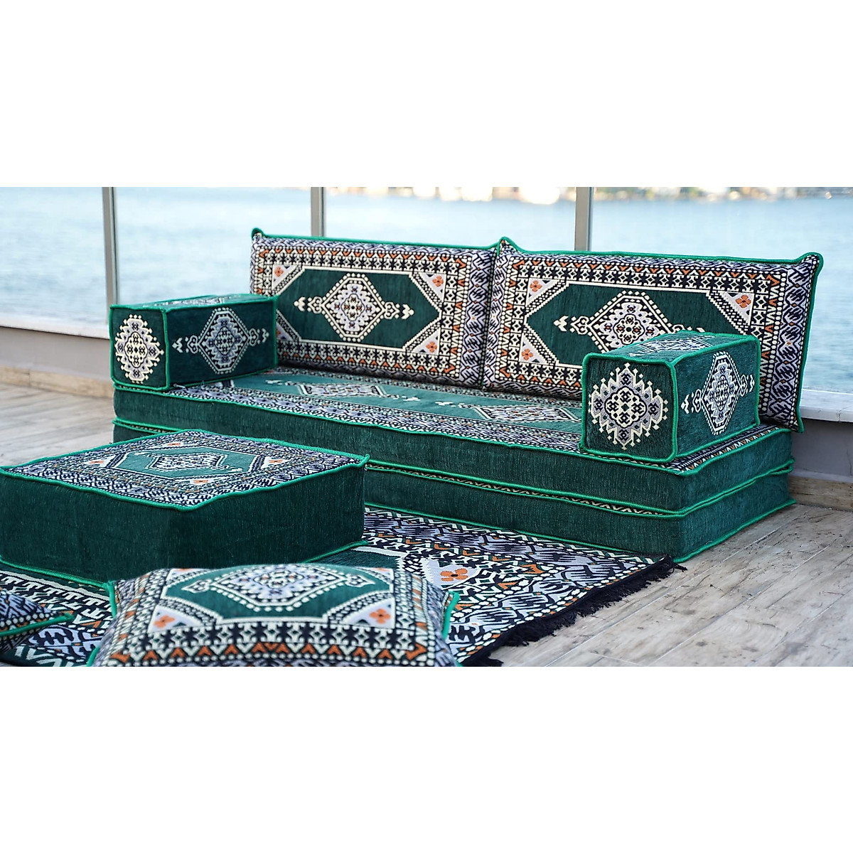 Green Floor Couch Set, Sectional Sofas, Arabic Floor Sofa Set, Yoga Meditation Mat, Futon Sofa Bed, Sofa Covers (Sofa Full Set, 8'' Thickness (20 cm))