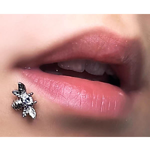 Excepro 16G 316L Surgical Stainless Steel Clear Cubic Zirconia Bee Shaped Labret Lip Ring Tragus 5/16" Cartilage Stud