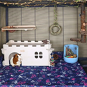 Castle Chinchilla House - Small Animal Hideout for Chinchilla Guinea Pig Hedgehog, or Rat - Ventilated Wooden Guinea Pig Hut Habitat with Multiple Doors (Large)