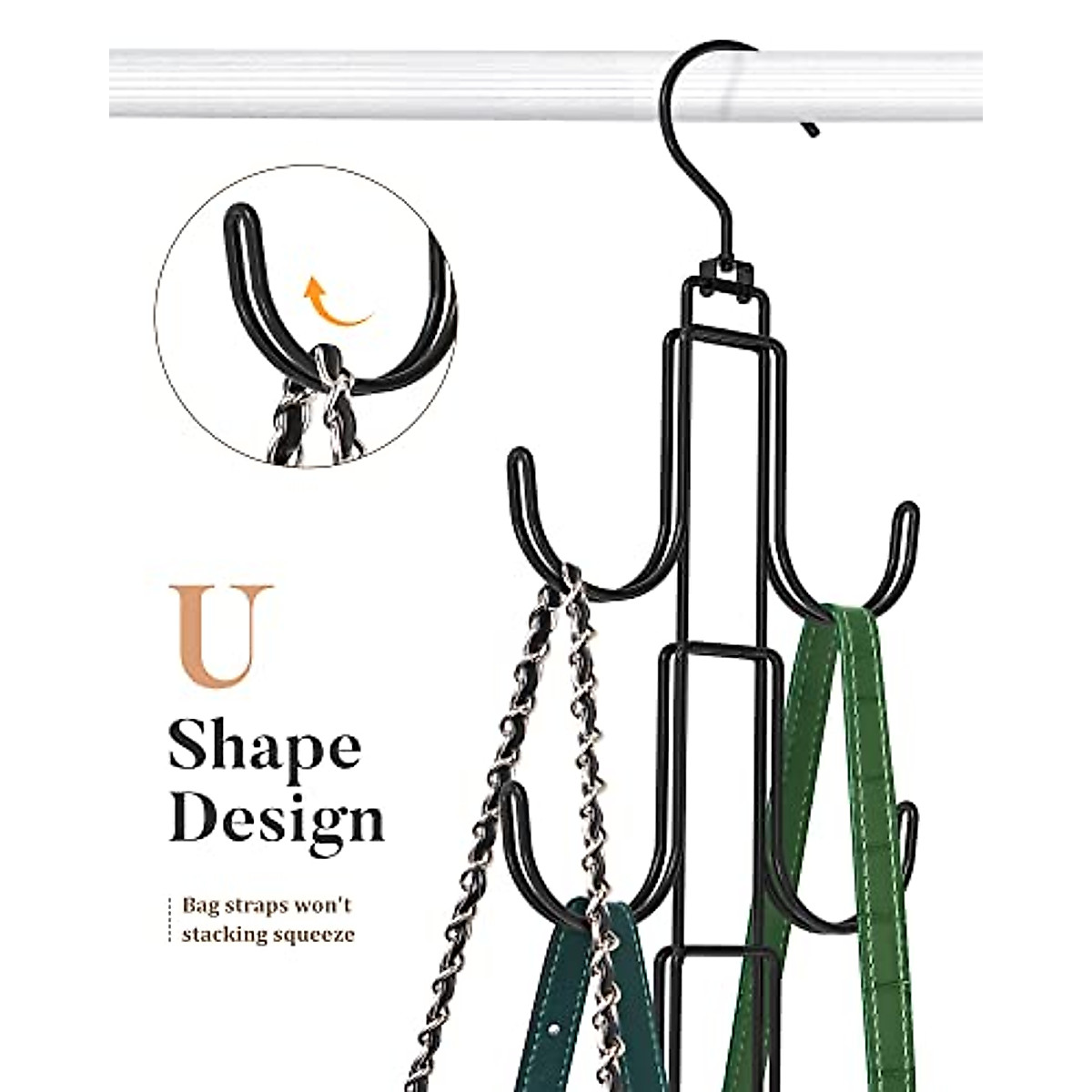 Purses Hanger Organizer for Closet 2 Pack, Myfolrena Metal Purse Holder for Closet Space Saving Bag Storage Hook for Hanging Handbags, Belts,Scarves,Tote,Hats,Clothes,Bags,Ties (Black)