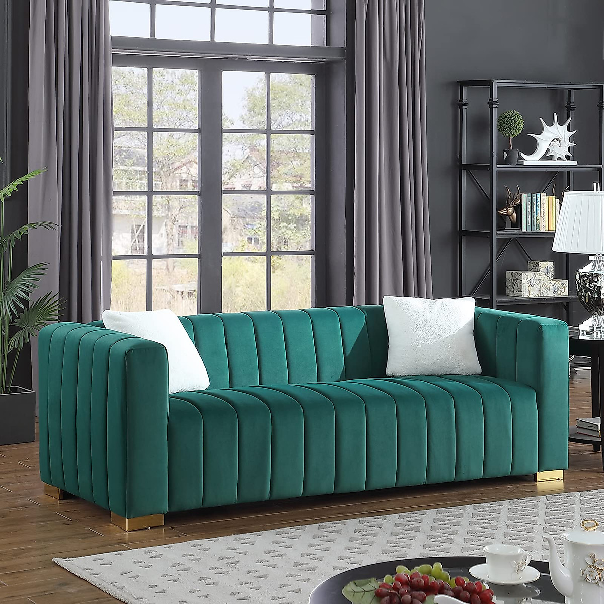 JUSTONE Modern Sofa Couch for Living Room, Mid Century 3-Seater Velvet Chesterfield Sofa, Upholstered Couch with Gold Leg&Pillows for Apartment, Office,Easy to Install- Dark Green