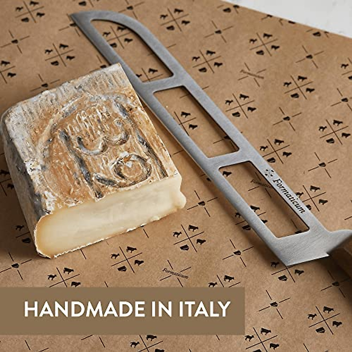 Formaticum Professional Soft Cheese Knife- 8" x 1.25" Soft Cheese Slicer, Non-Stick Stainless Steel Blade w/Void, Solid Walnut Handle, Great Cheese Charcuterie Accessories, Handmade in Italy