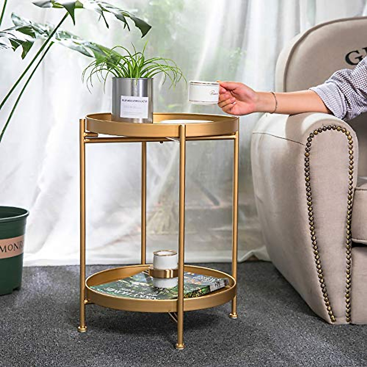Tiita Round End Table Mental 2-Tier Side Table Nightstand/Small Iron Tables Accent Coffee Table for Living Room Bedroom Office Small Space