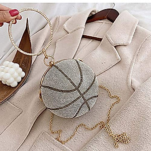 Women Rhinestones Handbag Basketball Shape Round Clutch Bag Gold Bling Diamond Clutch Purse for Evening Party Wedding (Silver basketball)