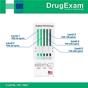 2 Pack - DrugExam THC Advantage Made in USA Multi Level Marijuana Home Urine Test Kit. Highly Sensitive THC 5 Level Drug Test Kit. Detects at 20 ng/mL, 50 ng/mL, 100 ng/mL, 200 ng/mL and 300 ng/mL (2)