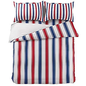 Independence Day California King Duvet Cover Set 4 Pieces Modern Geometric Striped Print Bedding Sets, Soft Quilt Covers with Zipper Closure and 1 Bed Sheets 2 Pillow Shams Colorful Blue Red White